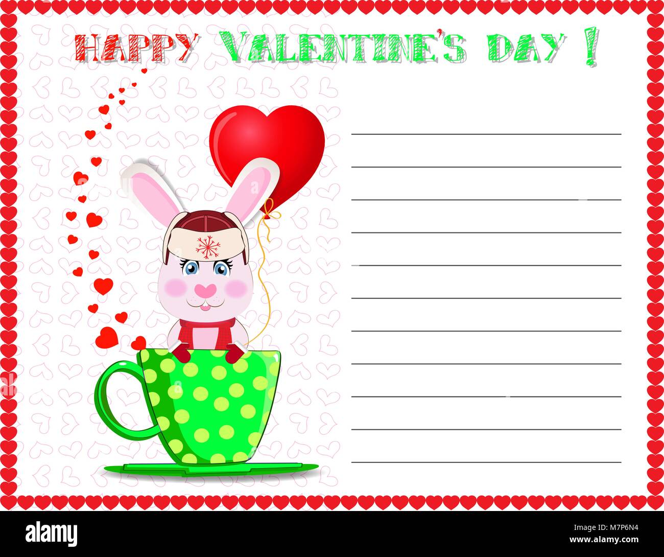 Valentines day greeting postcard. Cute cartoon rabbit in red hat with ...