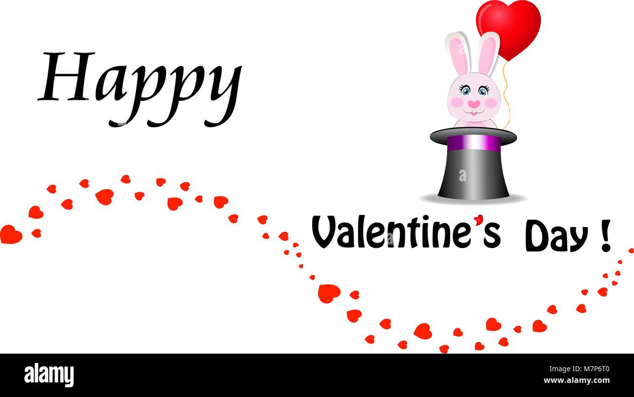 Happy valentines day greeting card design with cute cartoon pink rabbit ...