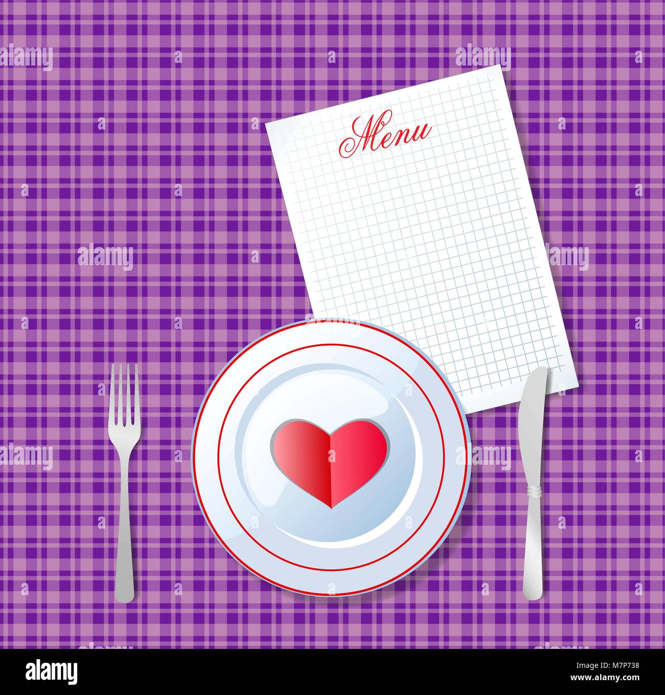 Vector illustration of heart on white plate with fork and knife on ...