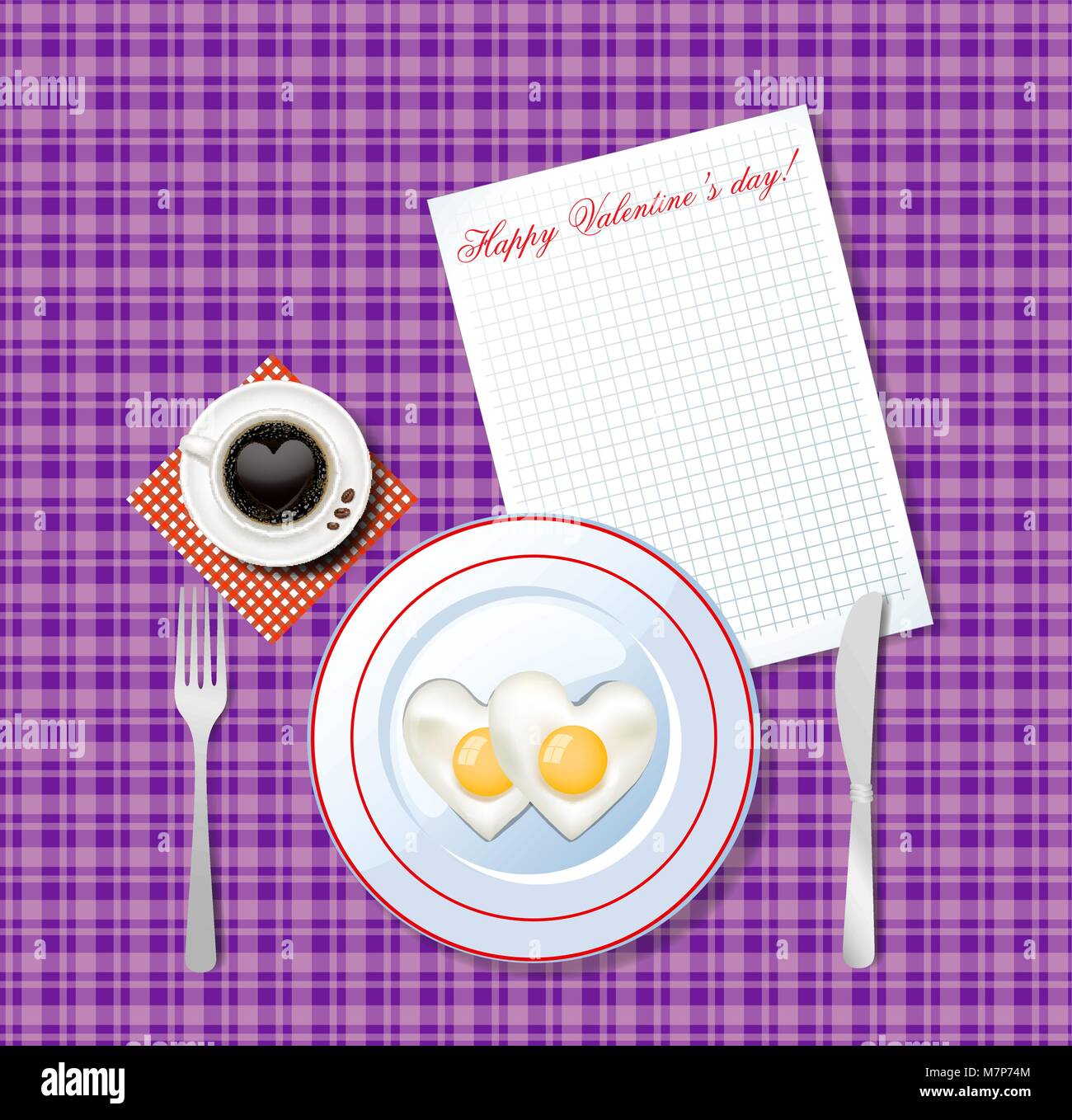 Love breakfast idea. Vector illustration of heart shaped fried eggs on ...