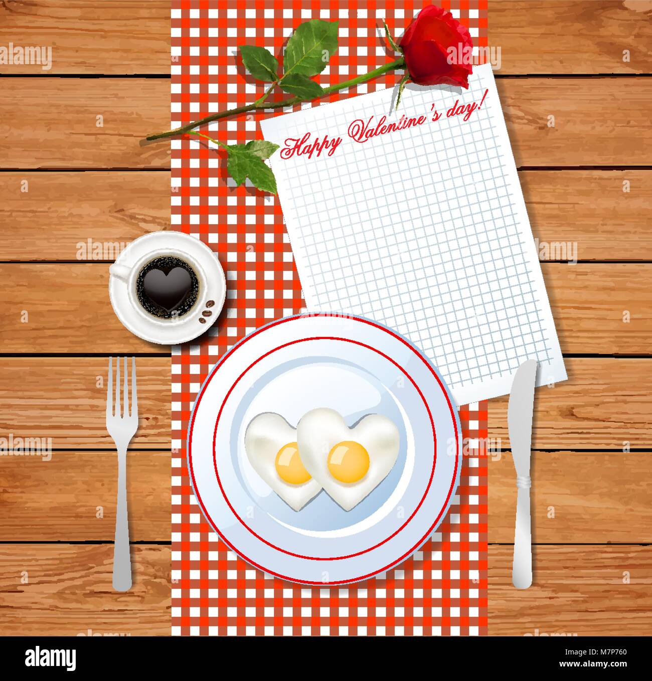 Valentine's day breakfast. Heart shaped omelet on white plate and cup ...
