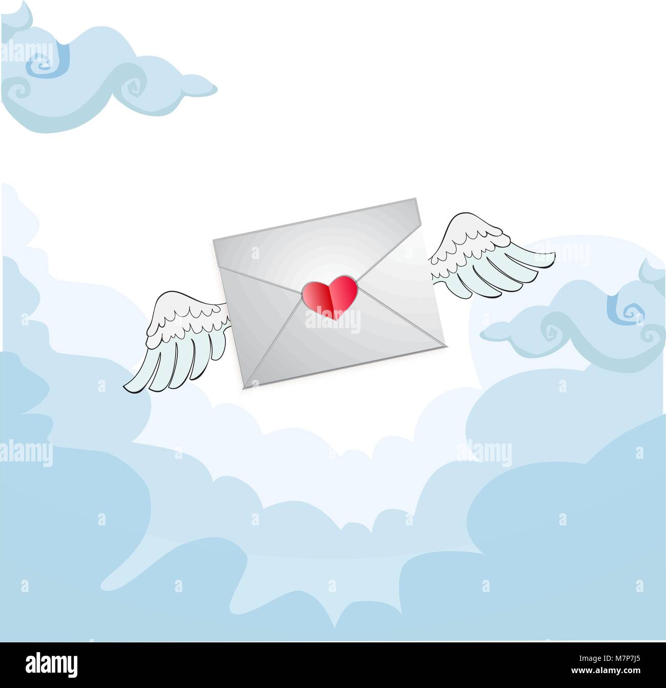 Flying love letter with white angel wings in the blue sky. Greeting ...