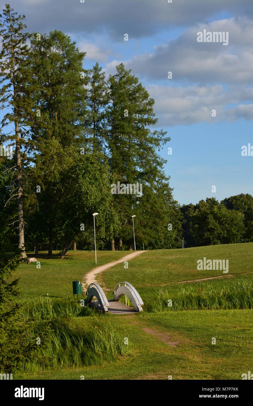 Walking path in green cut grass meadow with a bridge and big trees on a ...