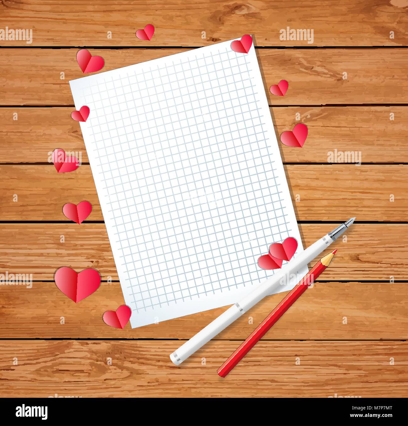 Empty letter or clean sheet with fountain pen and red pencil with many ...