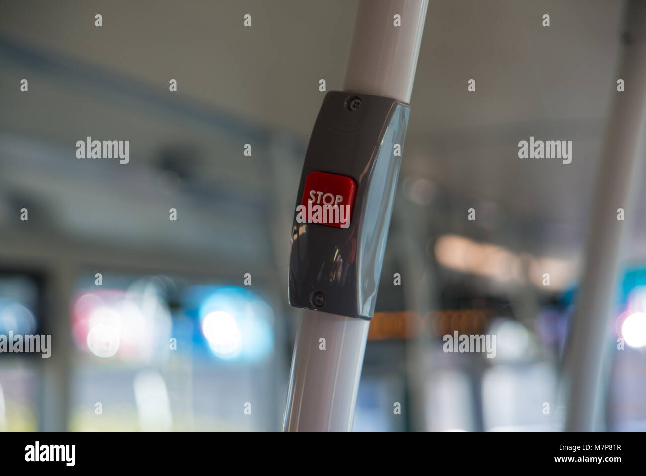 red square stop button on bus Stock Photo - Alamy
