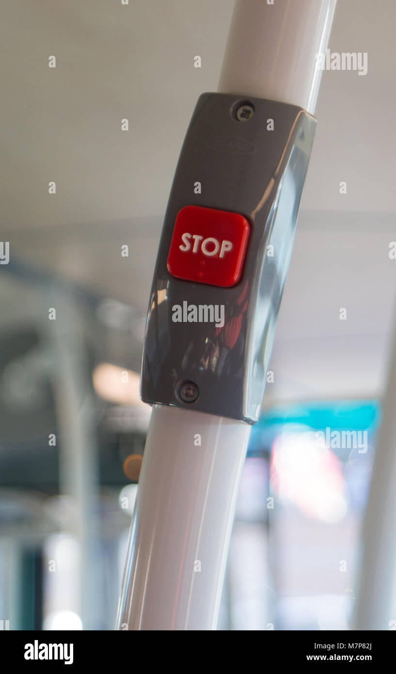 red square stop button on bus Stock Photo - Alamy