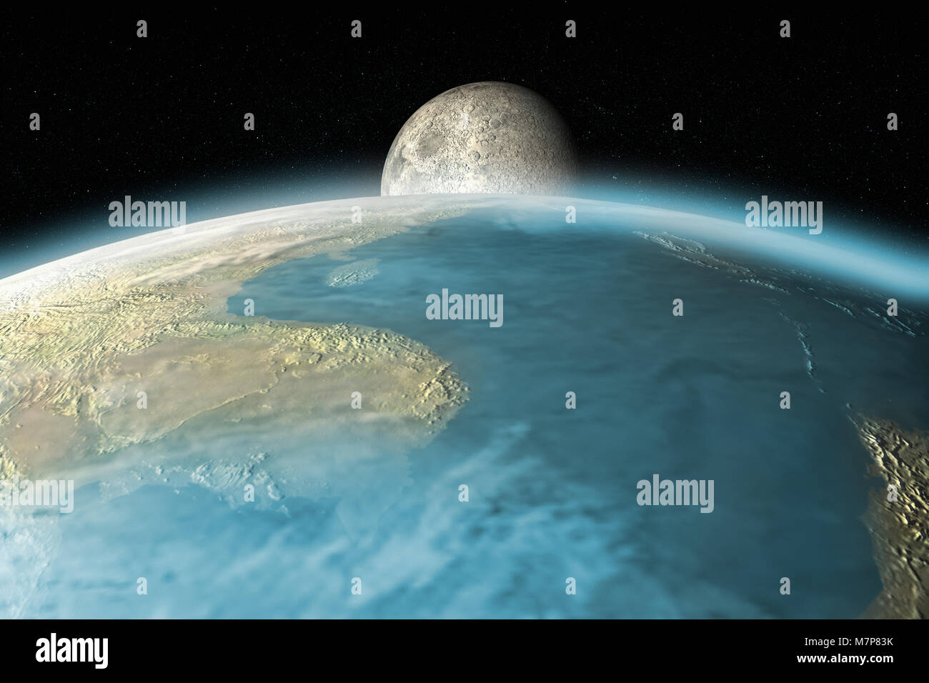 3D rendering of the moon rising over Earth horizon Stock Photo - Alamy