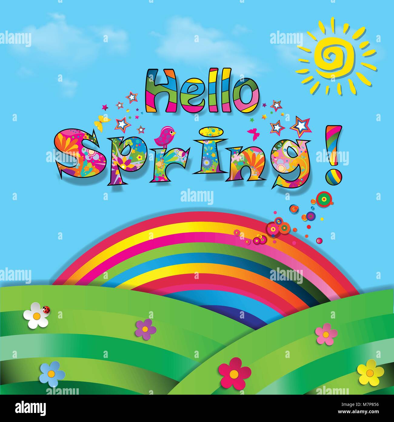 Hello spring vector cartoon colorful paper illustration of beautiful ...