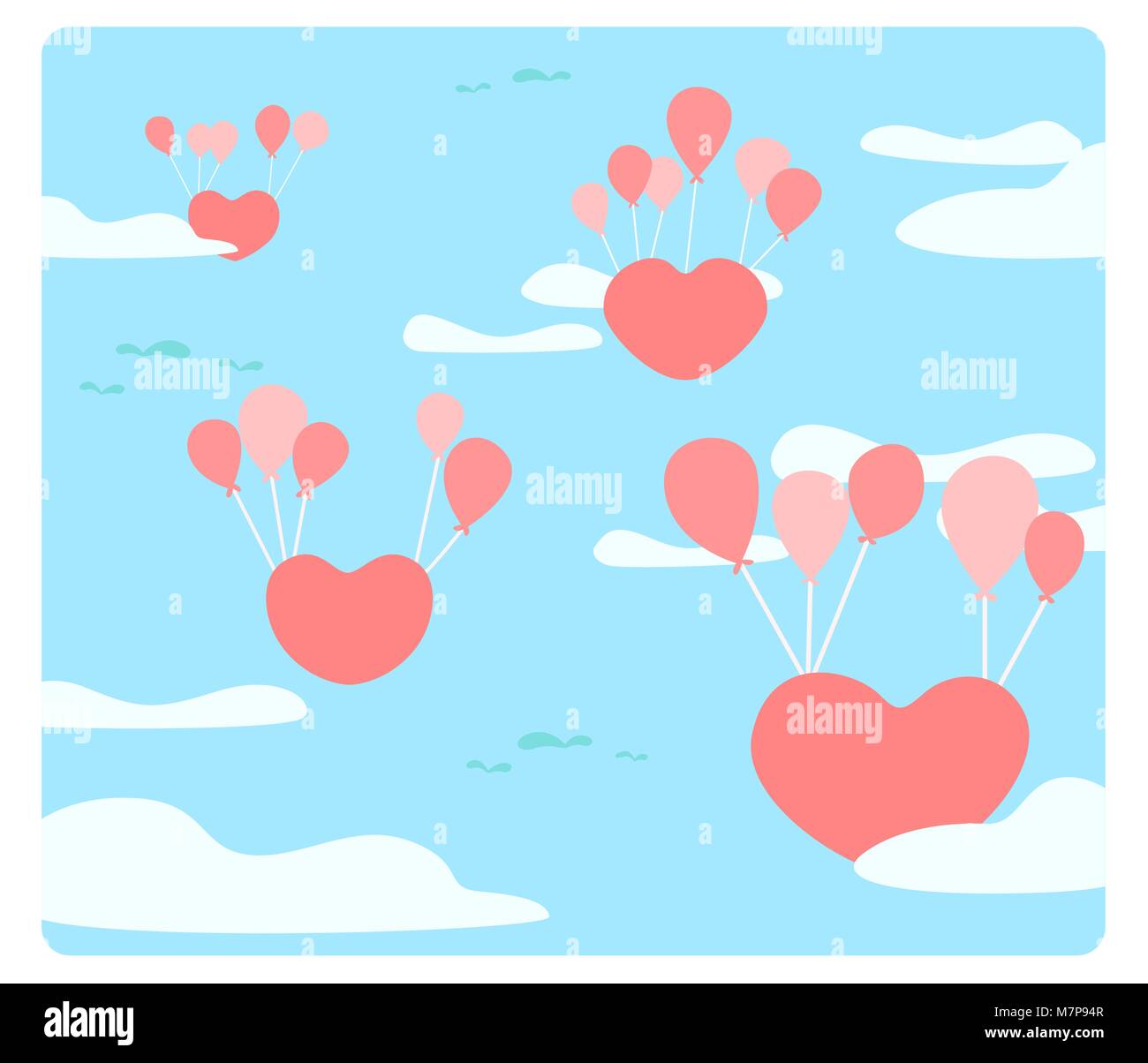 Heart is floating on the sky with balloons, The love are floating ...