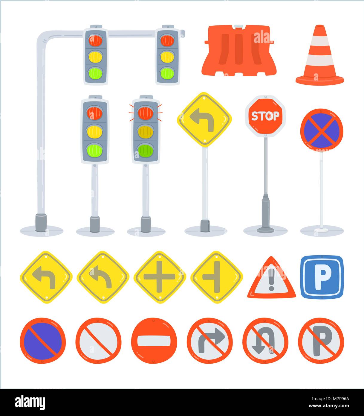 Set of traffic sign equipment, traffic light, plastic barriers, traffic ...