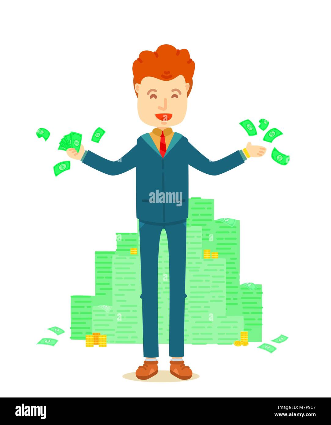 Success businessman standing front of money pile, Joyful businessman ...