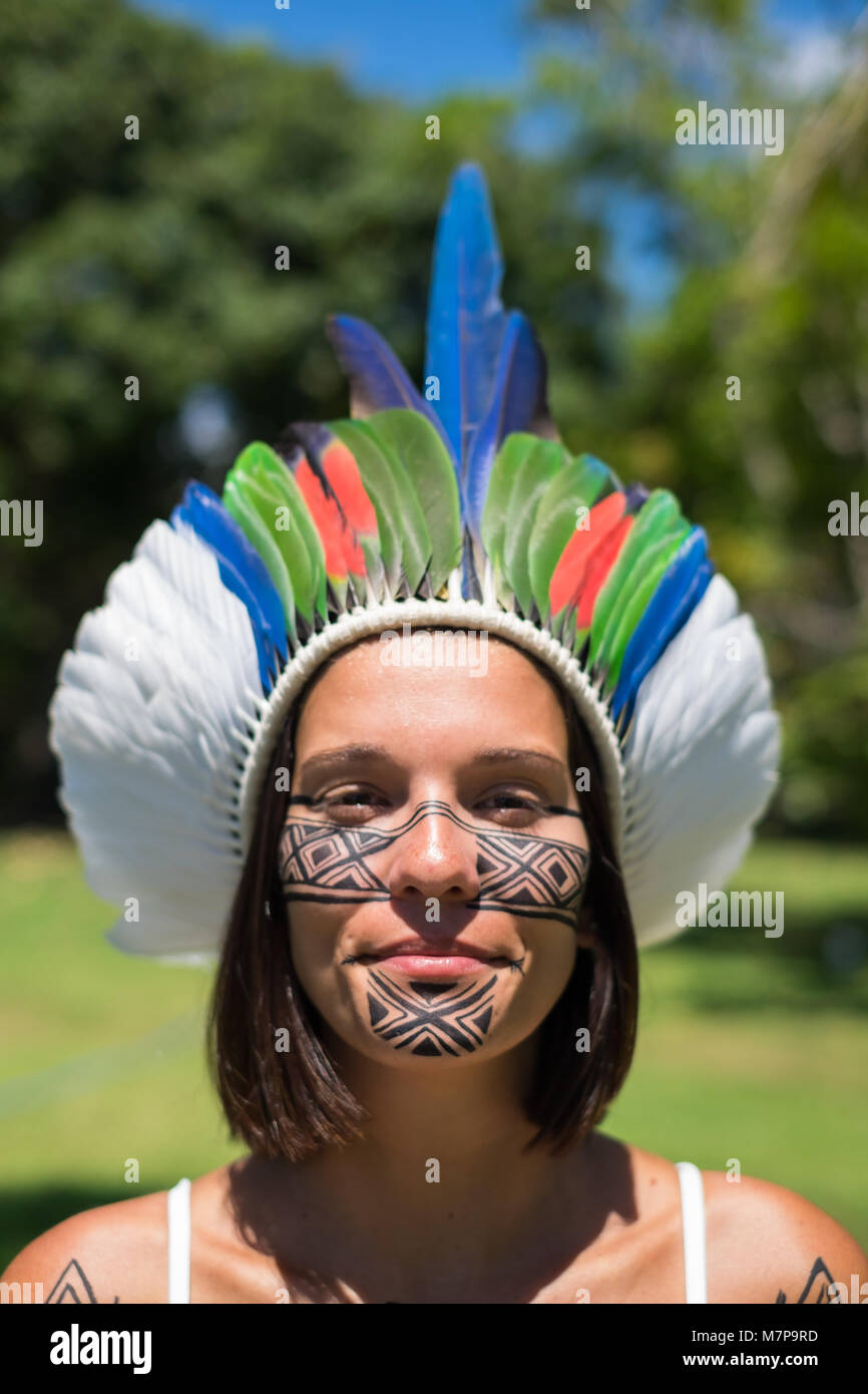 Beautiful young indigenous Pataxo woman in Bahia, Brazil Stock Photo ...