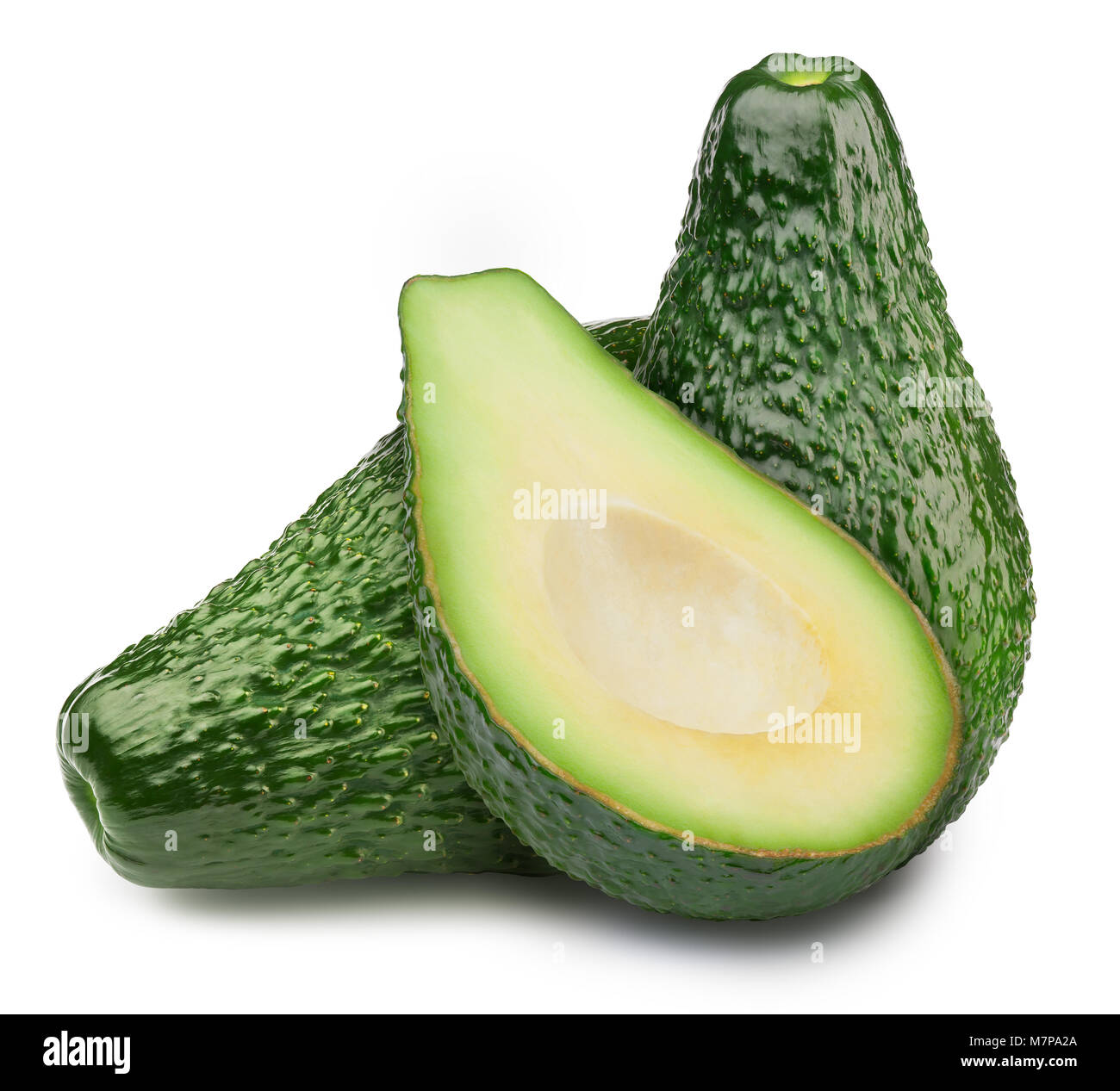 Group of three green avocados isolated on white background, with ...