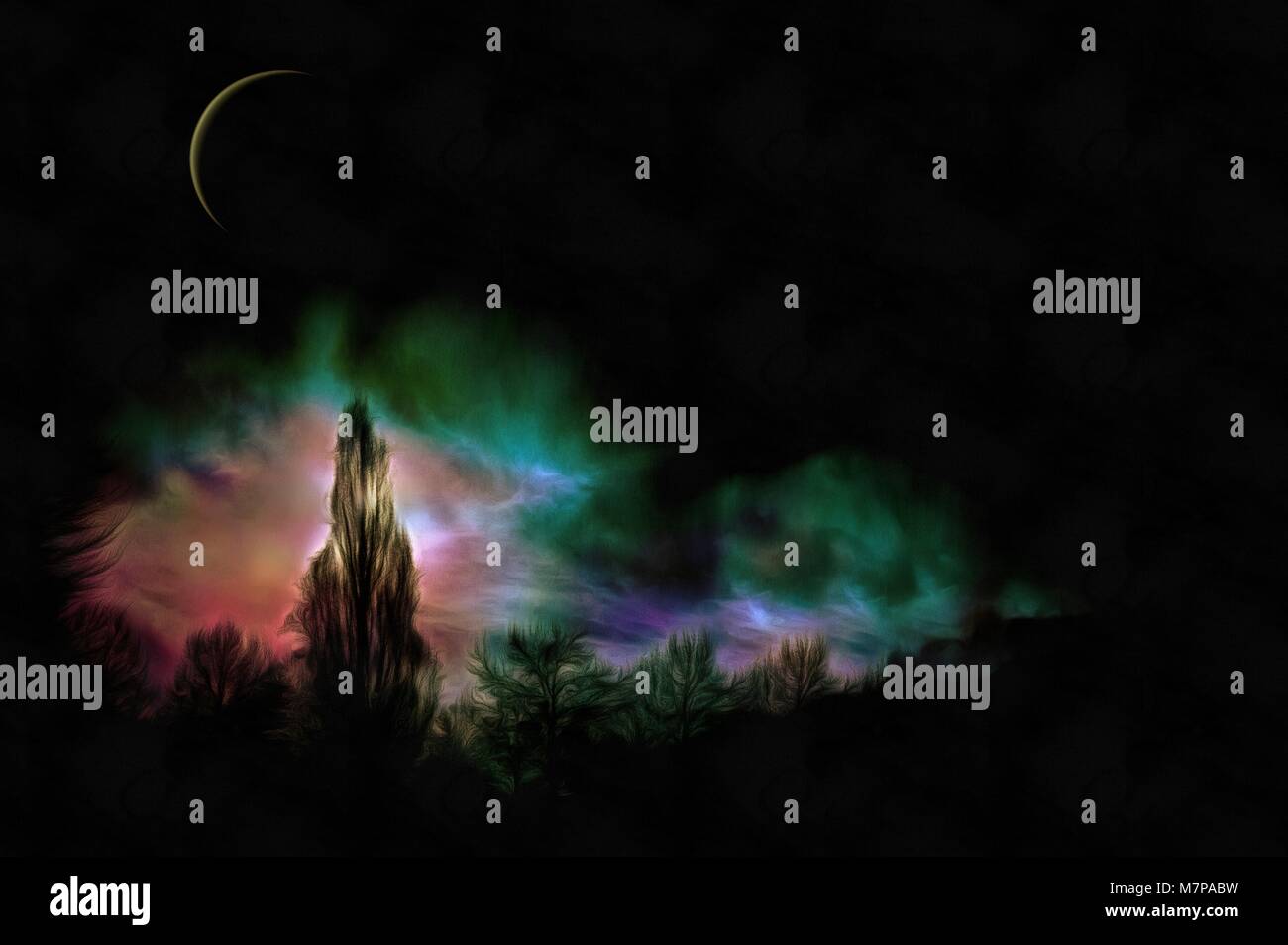 Expressionism painting. Forest in the moon light Stock Photo - Alamy