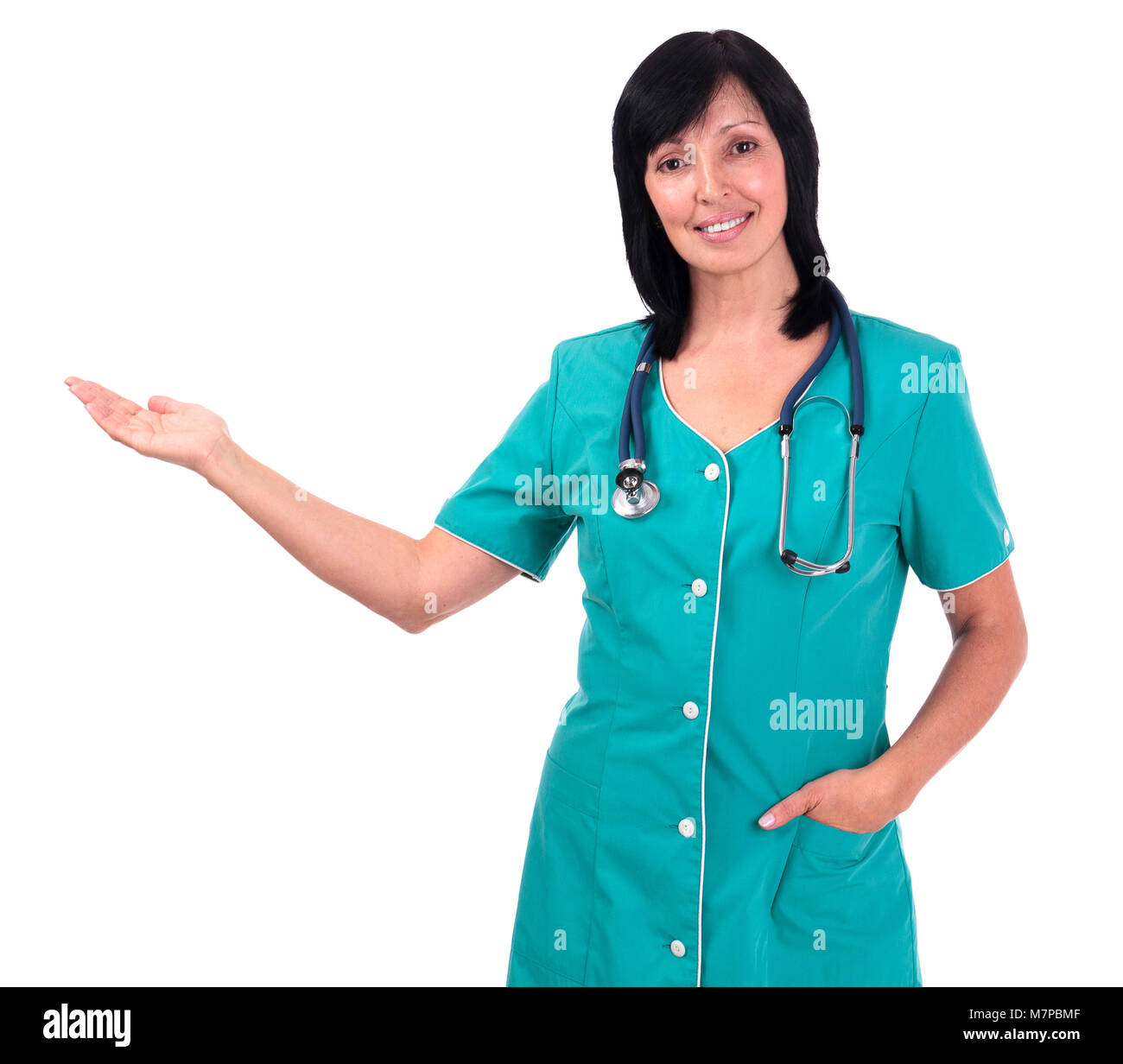 Senior doctor woman or nurse presenting something, isolated on white ...