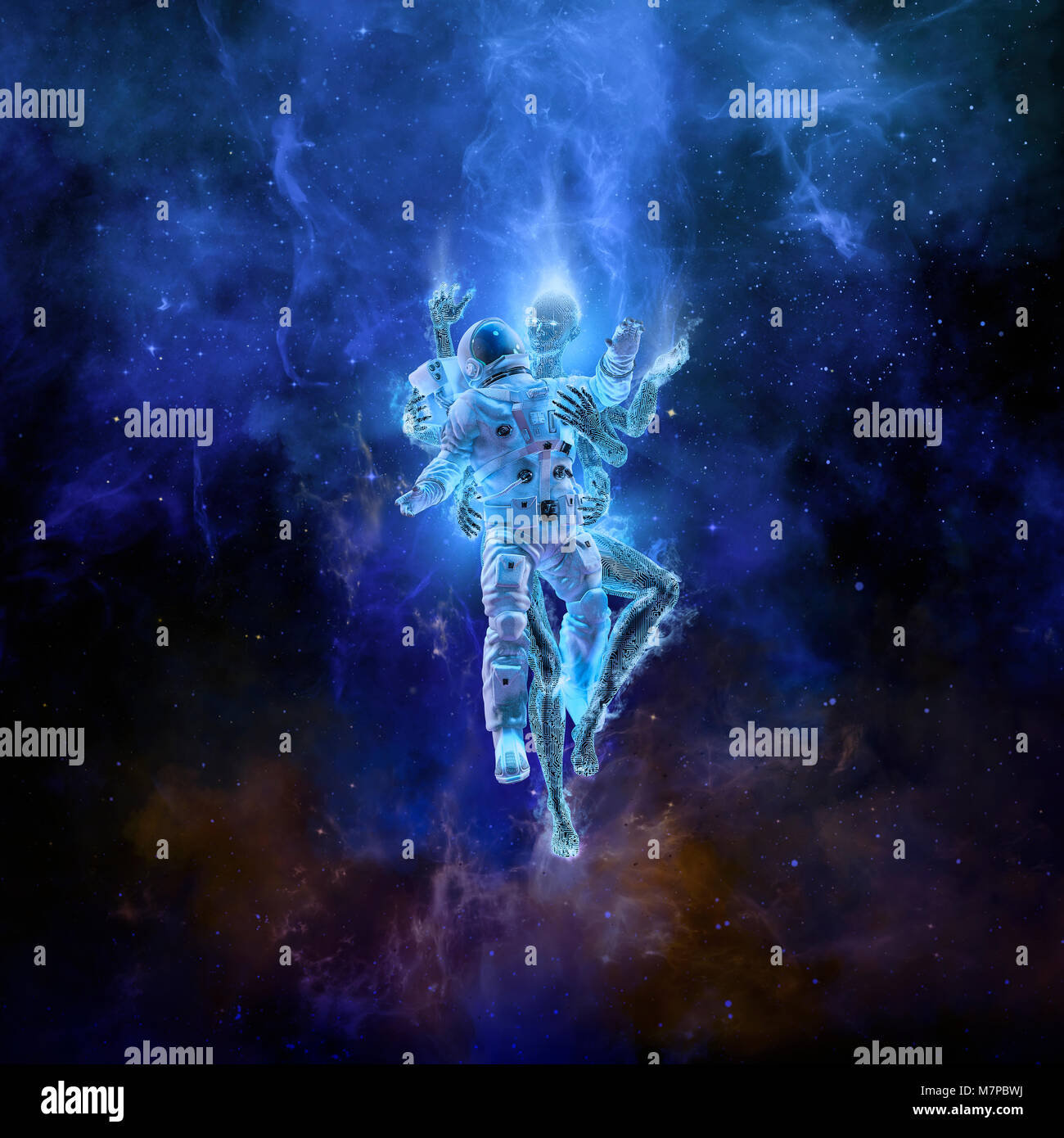 Deep space embrace / 3D illustration of astronaut encountering female ...