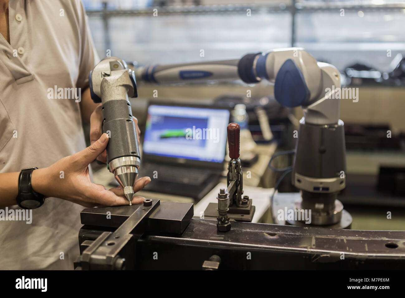 Inspection is check gap and dimension part in car factory Stock Photo ...