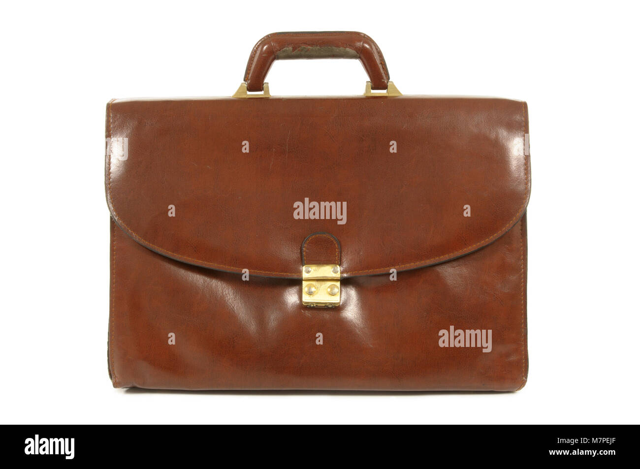 Old worn brown leather briefcase set against a white background Stock ...
