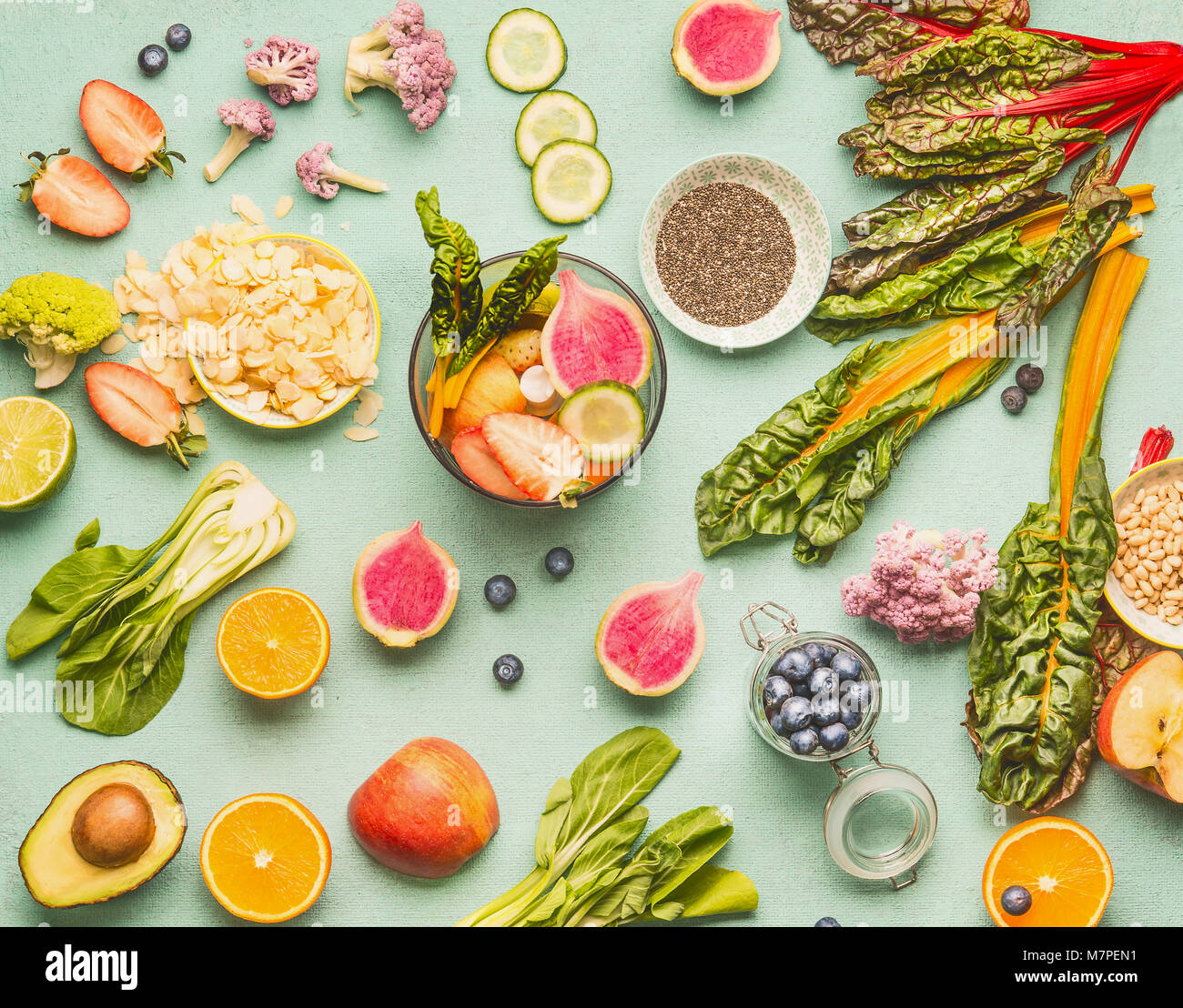 Healthy food ingredients flat lay with various fruits , vegetables ...