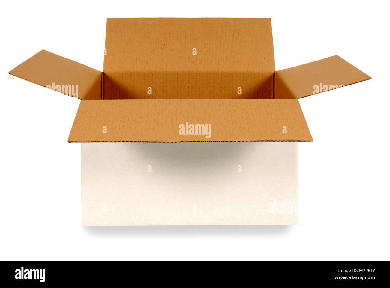 Open plain white cardboard box with brown inside isolated on a white ...