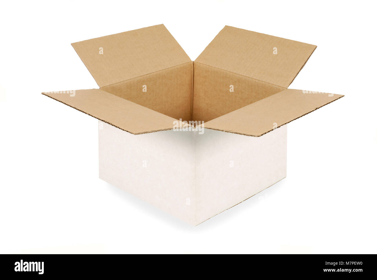 Open plain white cardboard box with brown inside isolated on a white ...
