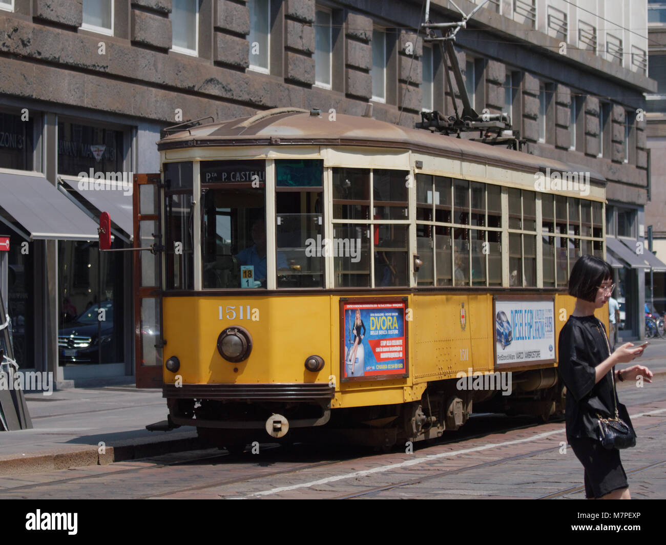 Milan, Italy - June 12, 2017: Old tram works on line in Milan. The ...