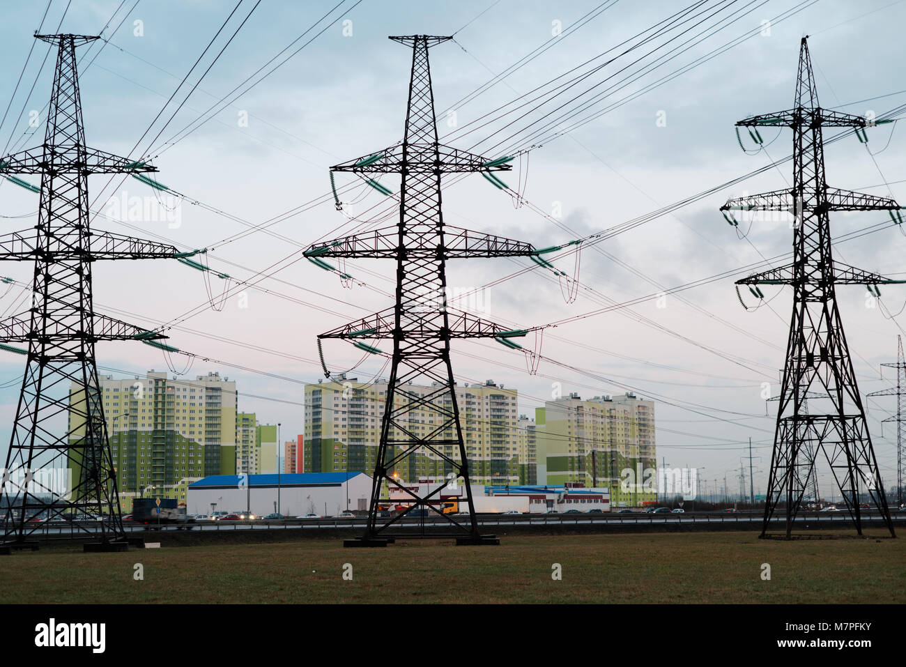 St. Petersburg, Russia - April 22, 2016: Power line pylons against new ...