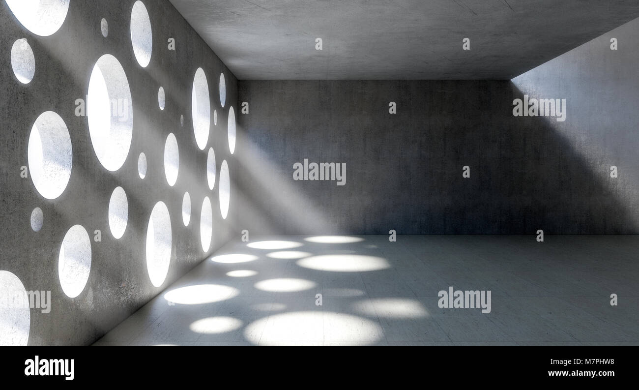 concrete indoor and circle holes windows 3d rendering image Stock Photo ...
