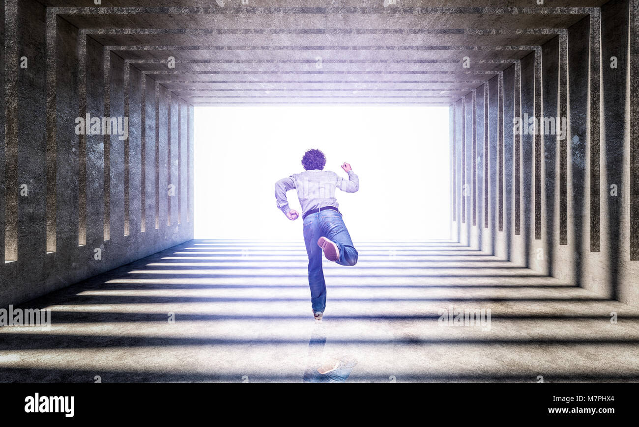 man run in concrete modern architecture background 3d rendering image ...