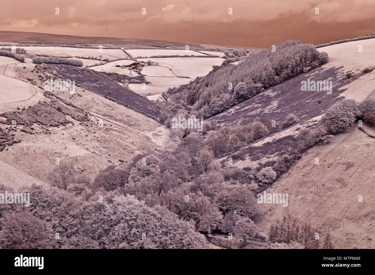 Infrared view looking north from Bye Hill above the River Exe on a ...