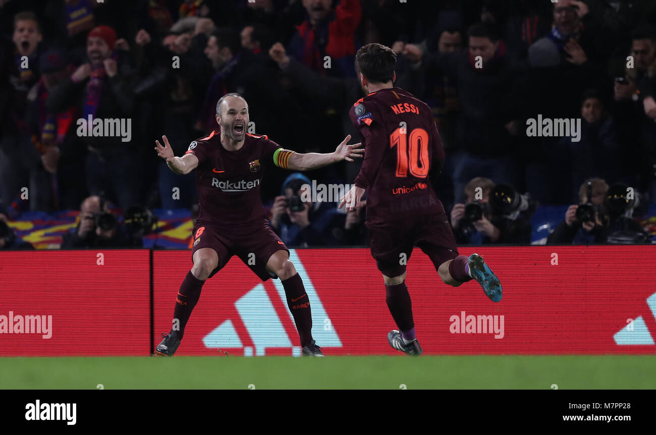 LONDON, ENGLAND - FEBRUARY 20: Andres Iniesta and Lionel Messi of ...