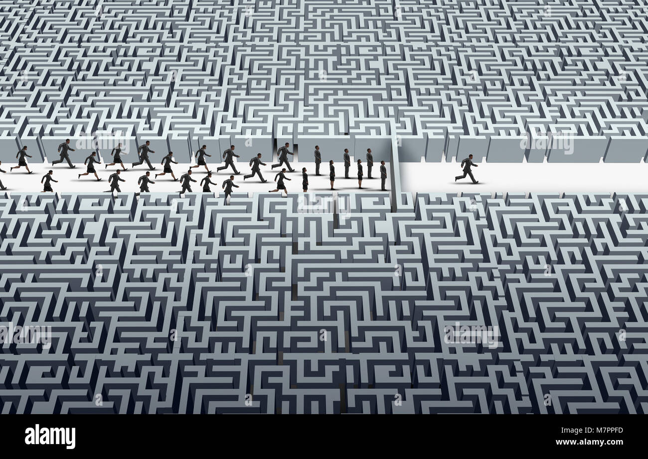 Challenge leadership as a businessman navigating through a maze as a ...