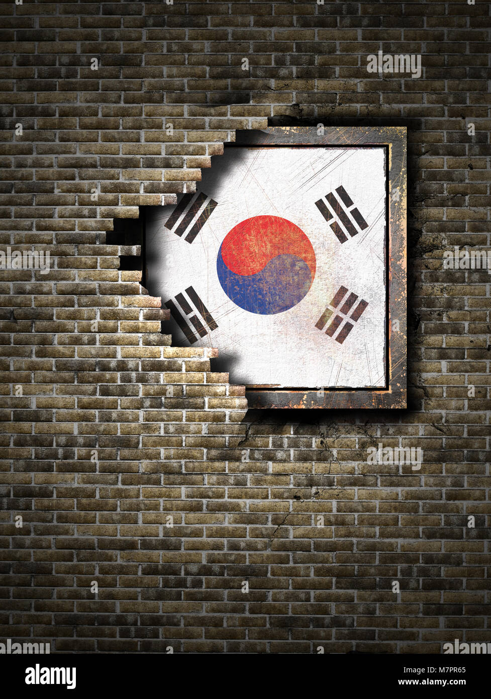 3d rendering of a South Korea flag over a rusty metallic plate embedded ...