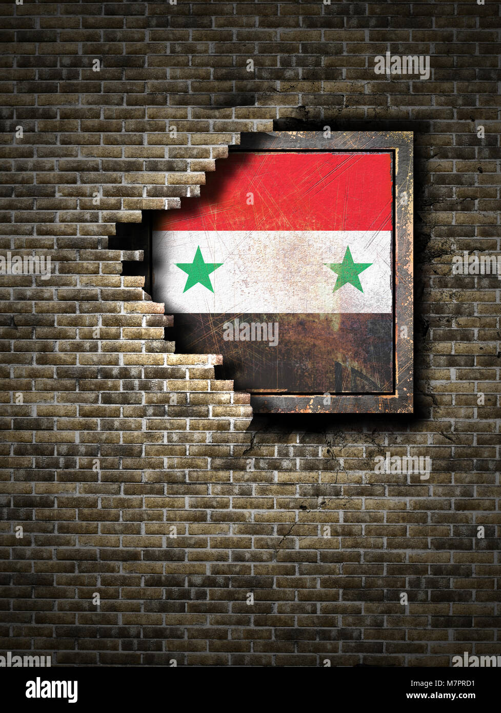 3d rendering of a Syria flag over a rusty metallic plate embedded on an ...