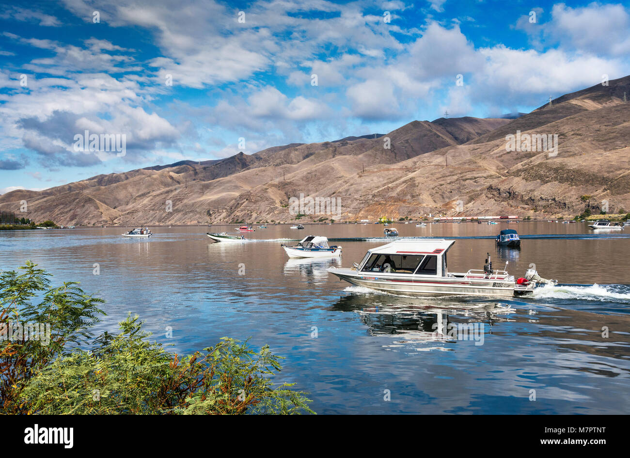 Boats at confluence of Clearwater and Snake Rivers, seen from Lewis and ...