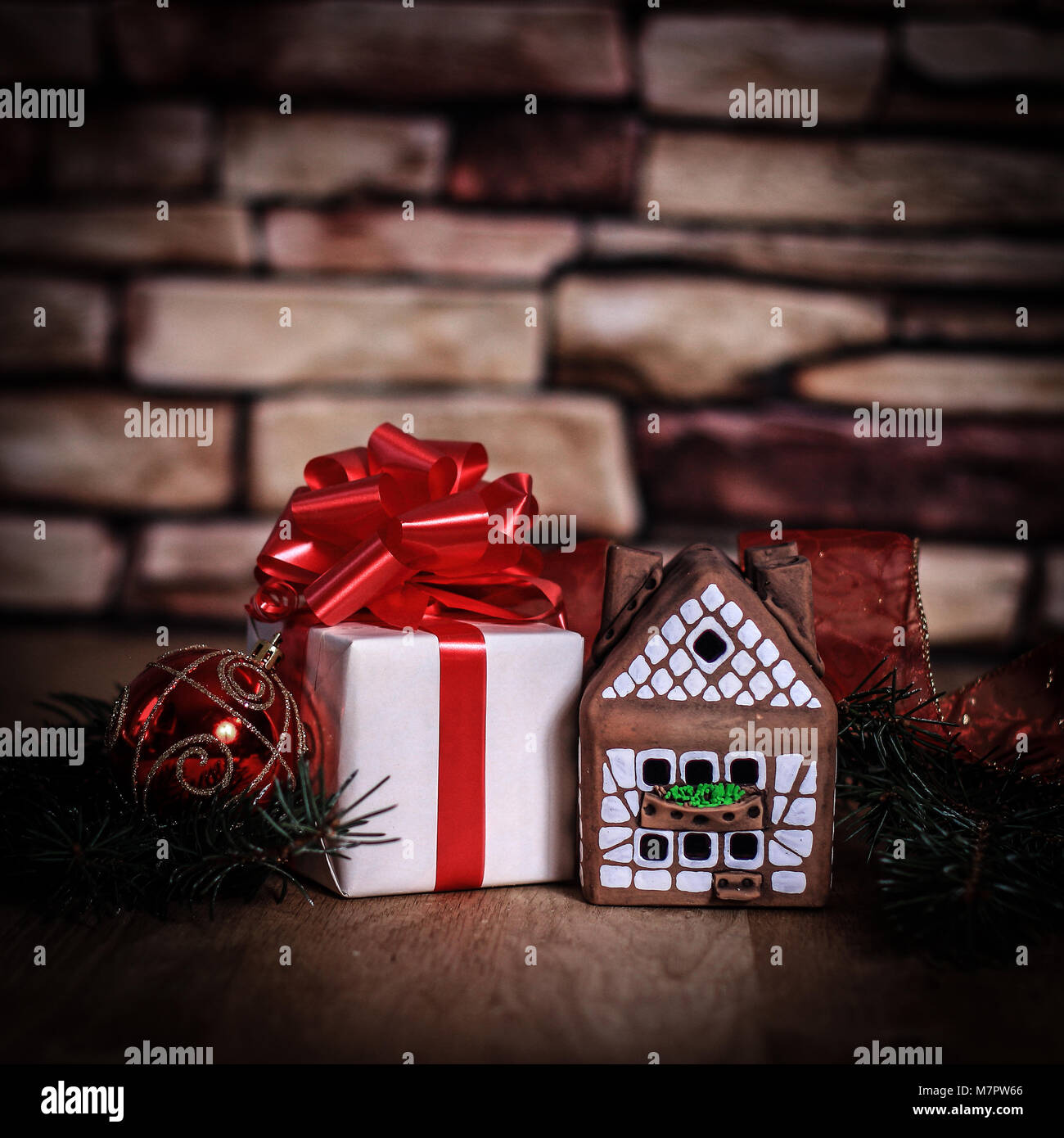 gingerbread house,Christmas balls and Christmas gifts Stock Photo - Alamy