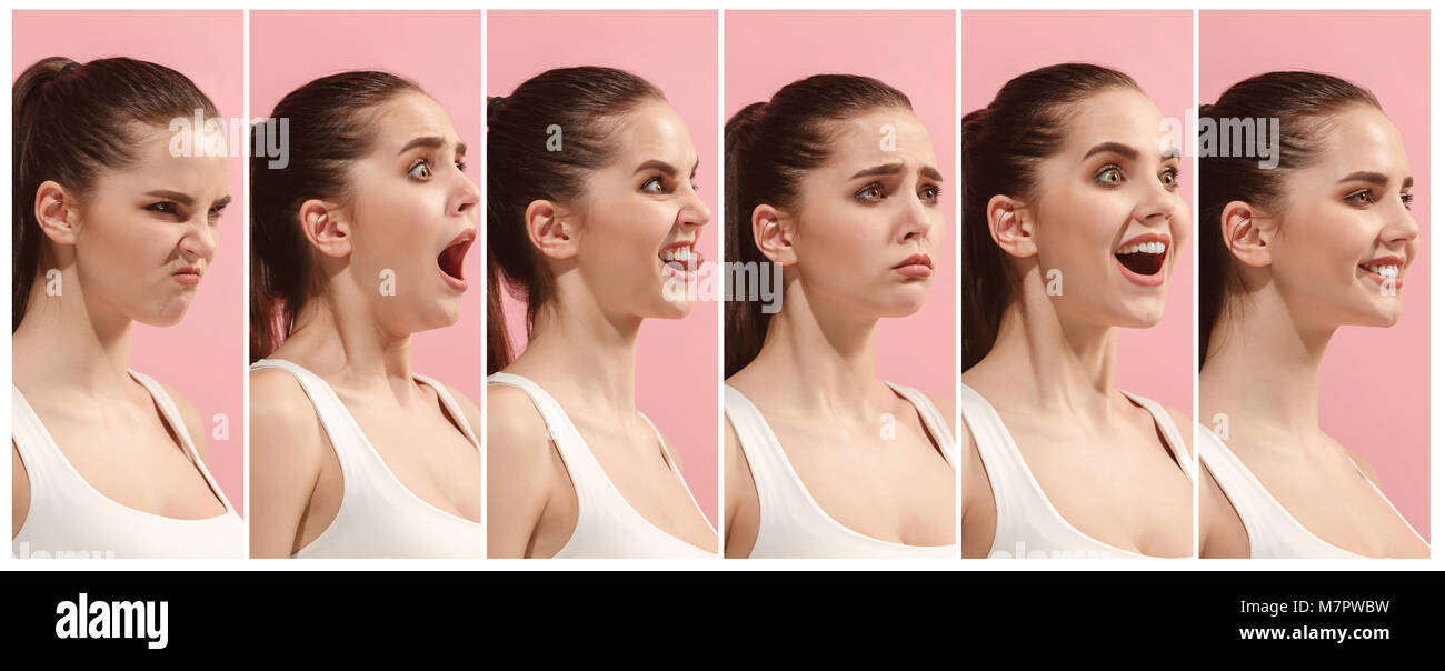 The collage of different human facial expressions, emotions and ...