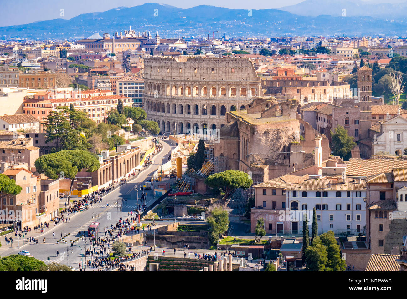 Rome from above aerial view of the Roman Forum and the Colosseum Stock ...