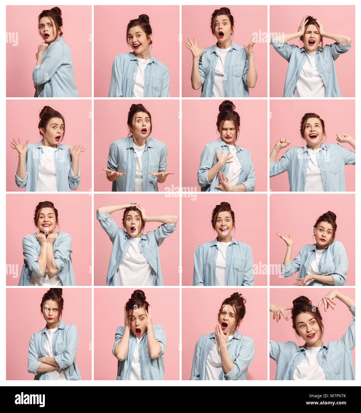 The collage of different human facial expressions, emotions and ...