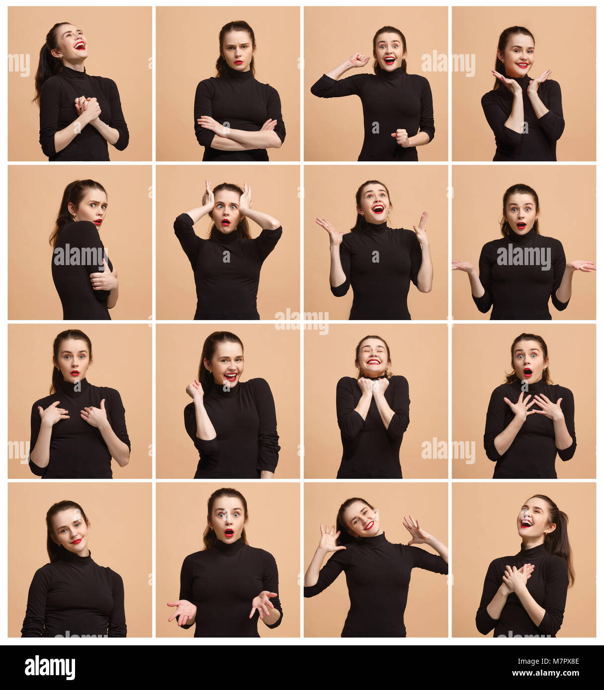 The collage of different human facial expressions, emotions and ...