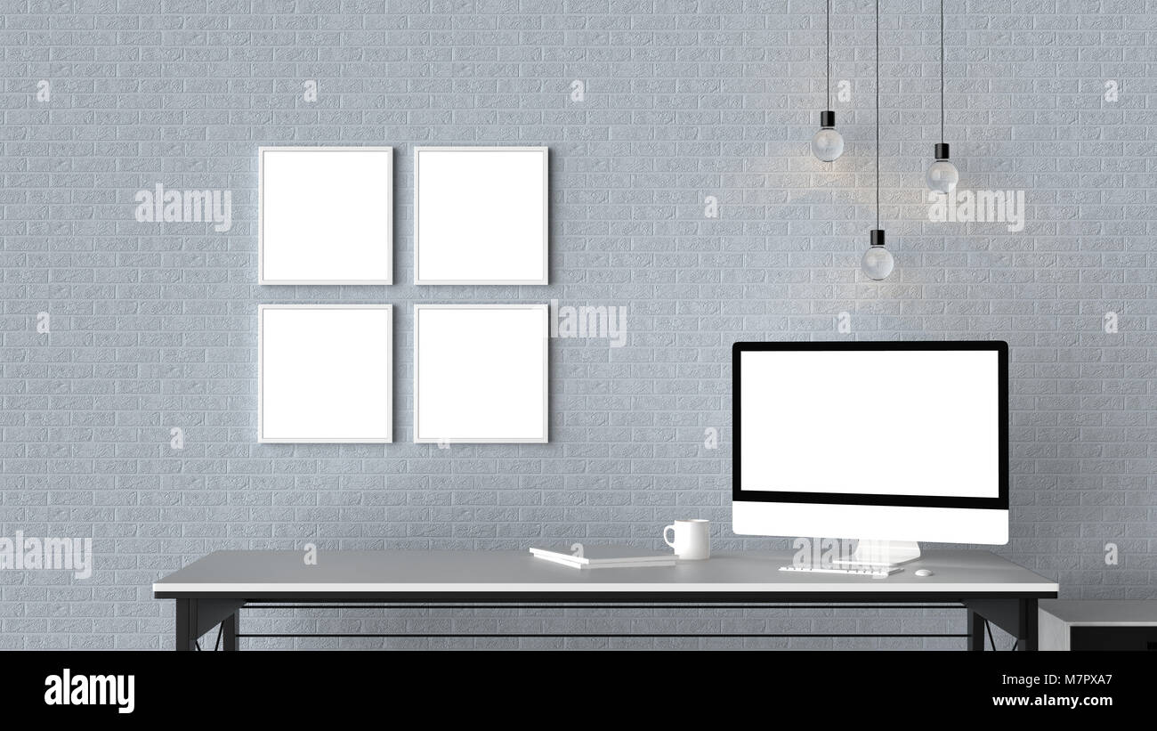 Modern workspace with isolated empty frames on brick wall and isolated ...