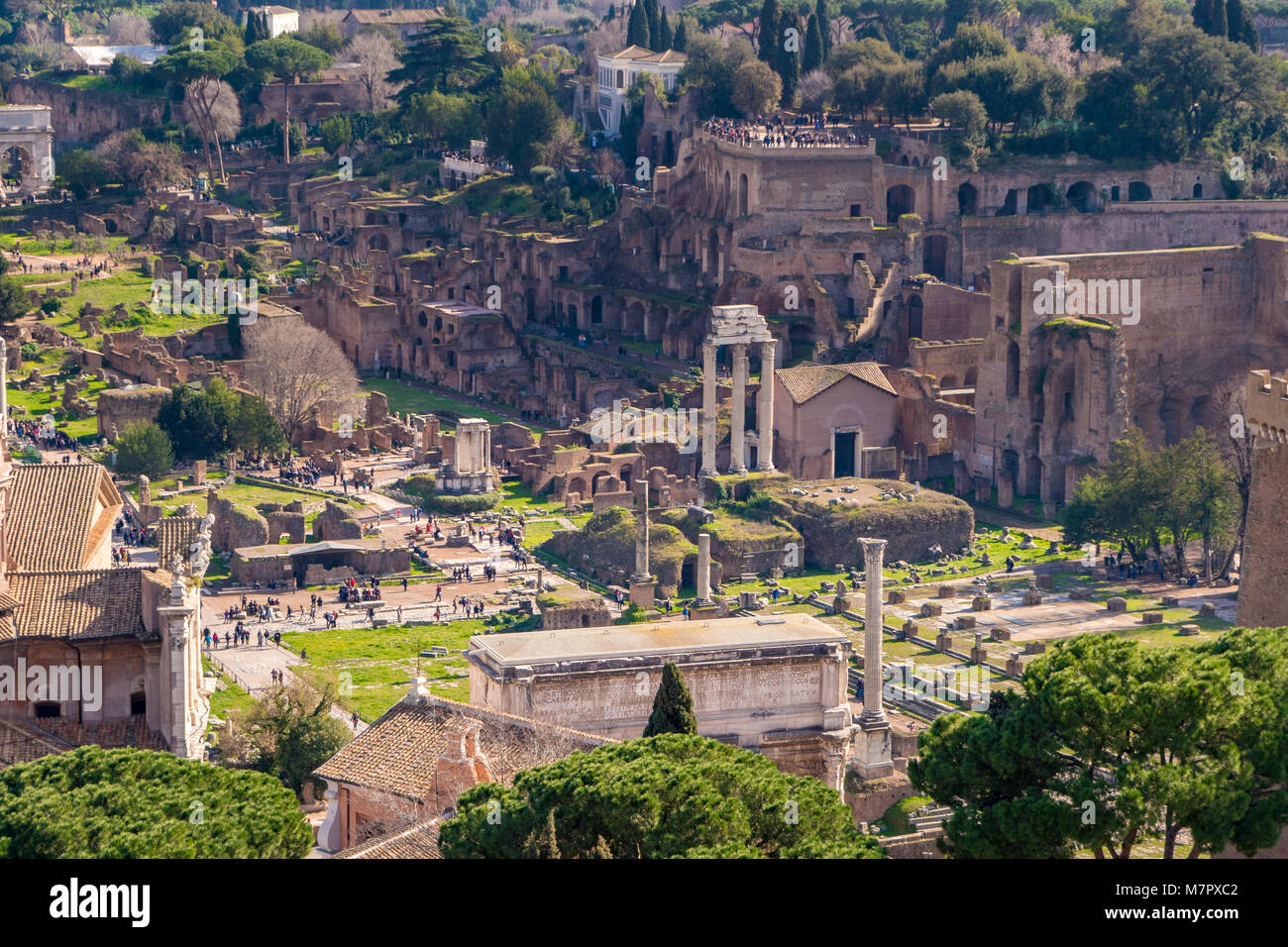 Aerial view of the Roman Forum and Colosseum in Rome, Italy. Rome from ...