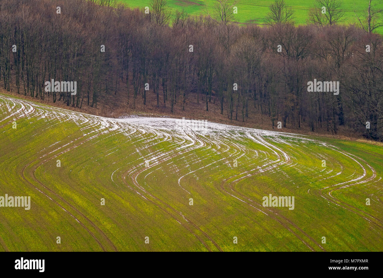 Aerial view of an empty field in winter among the rural landscape of ...