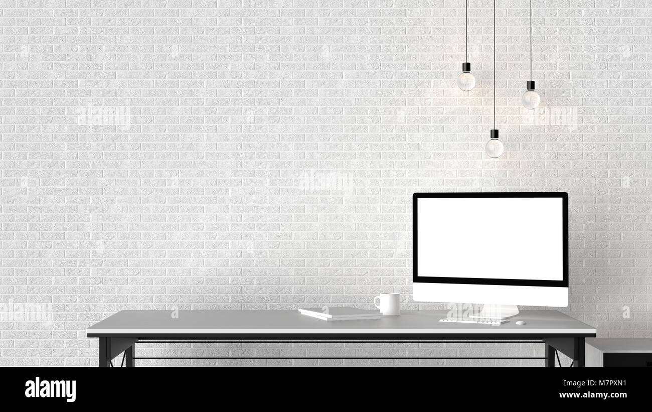 Modern workspace, isolated computer screen and empty brick wall. 3D ...