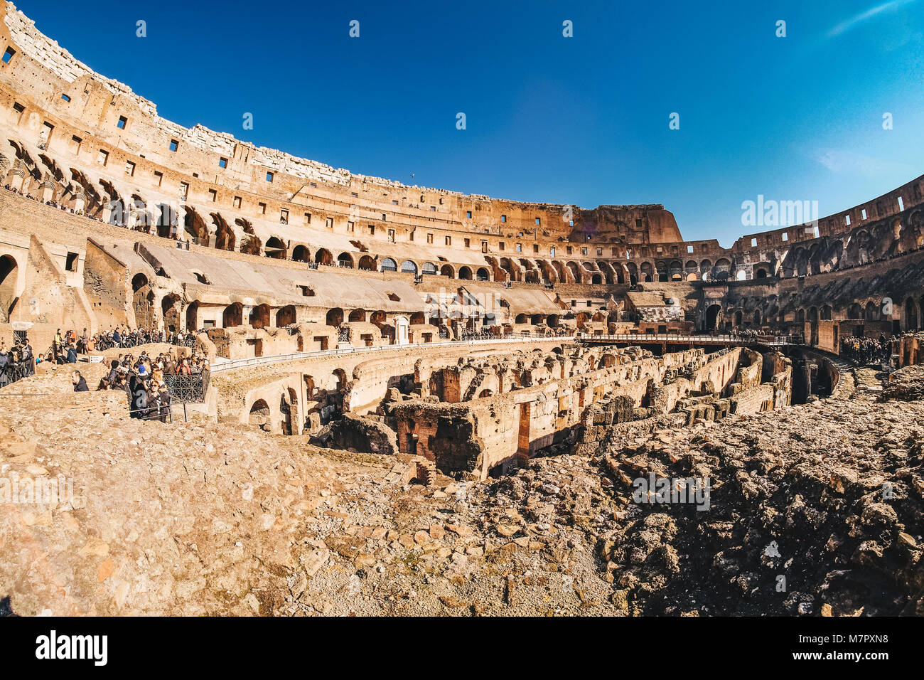 Panoramic view of the inside of the Roman Colosseum in Rome, Italy ...