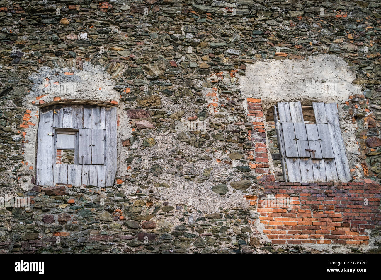 Old wooden windows in the thick walls of the medieval Bolkow Castle in ...