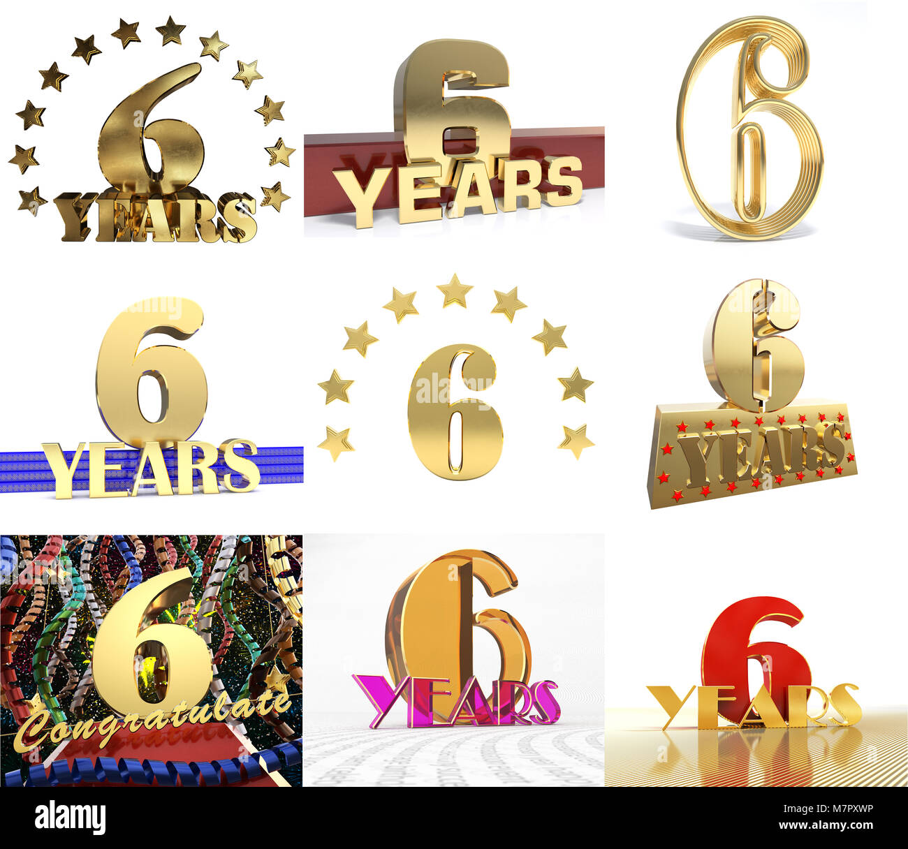 Set of number six years 6 years celebration design. Anniversary golden ...