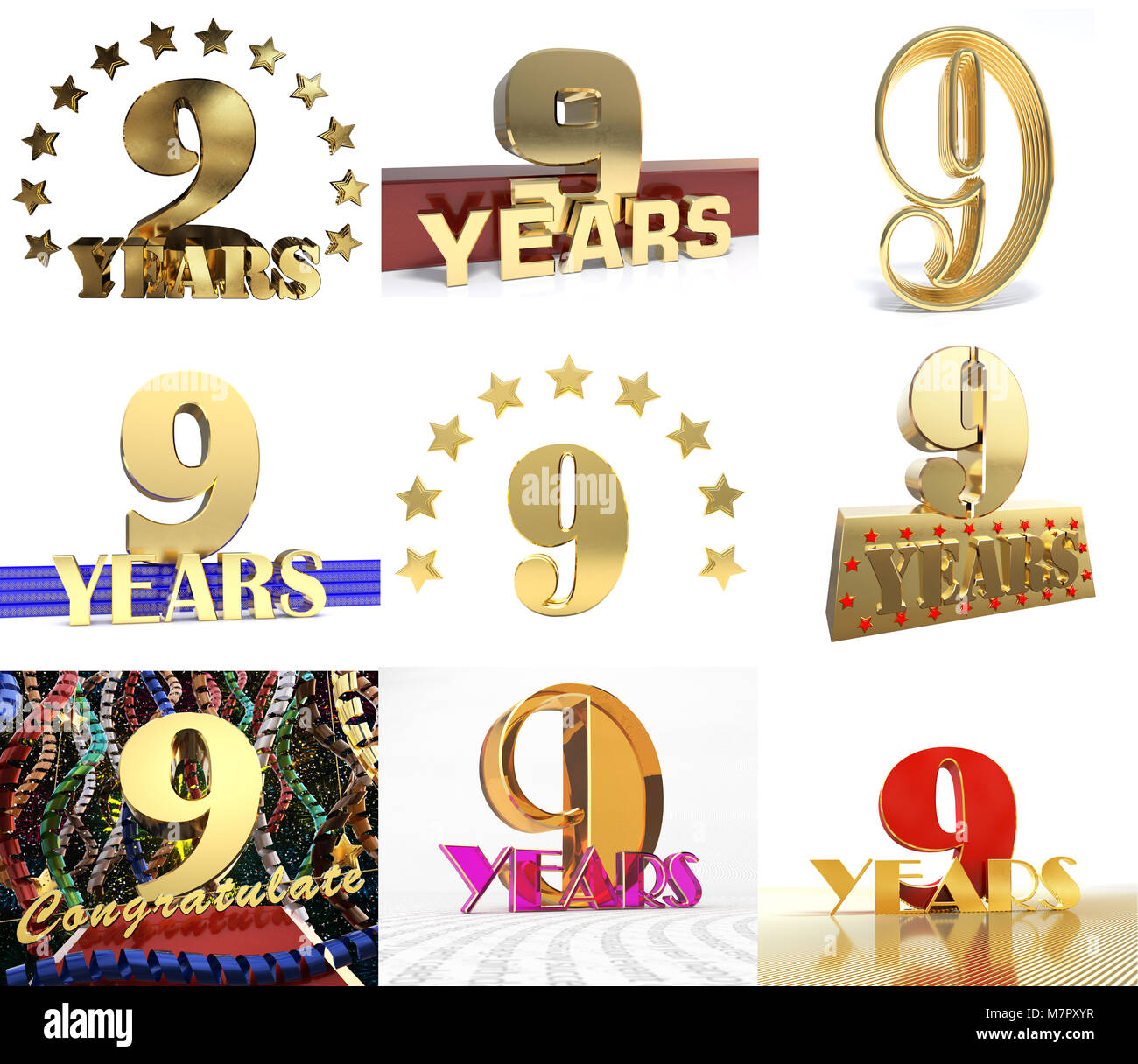 Set of number nine years 9 years celebration design. Anniversary golden ...