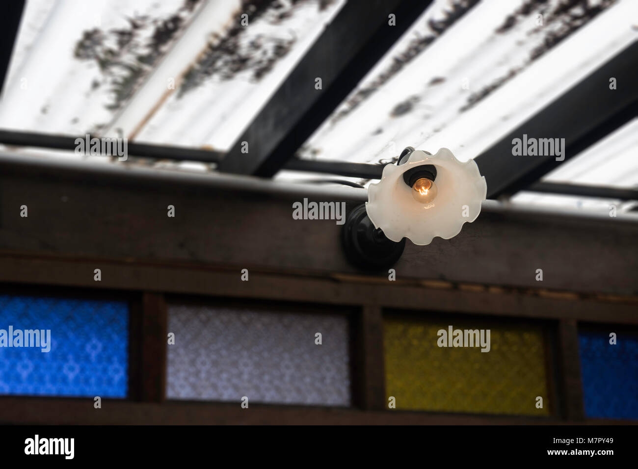 Retro lamp light decorative hanging on old roof Stock Photo - Alamy