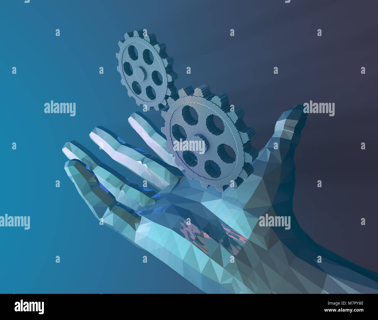 Gears in human hands, human technology, control the future Stock Photo ...